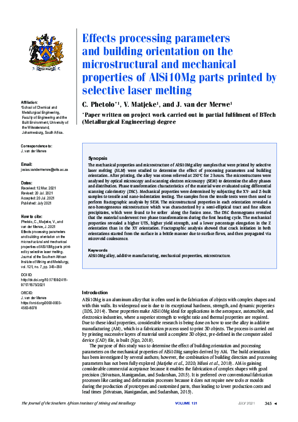 (PDF) Effects processing parameters and building orientation on the microstructural and ...