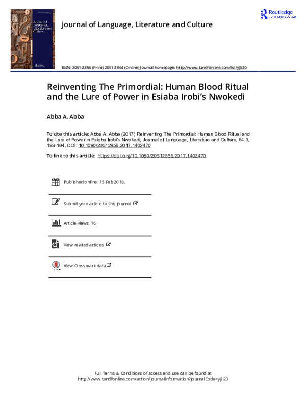 (PDF) Reinventing The Primordial: Human Blood Ritual and the Lure of Power in Esiaba Irobi’s Nwokedi