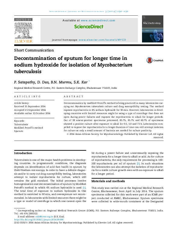 (PDF) Decontamination of sputum for longer time in sodium hydroxide for ...