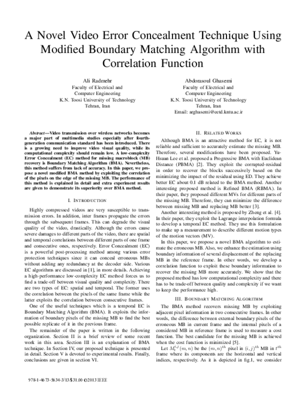 Pdf A Novel Video Error Concealment Technique Using Modified Boundary Matching Algorithm With