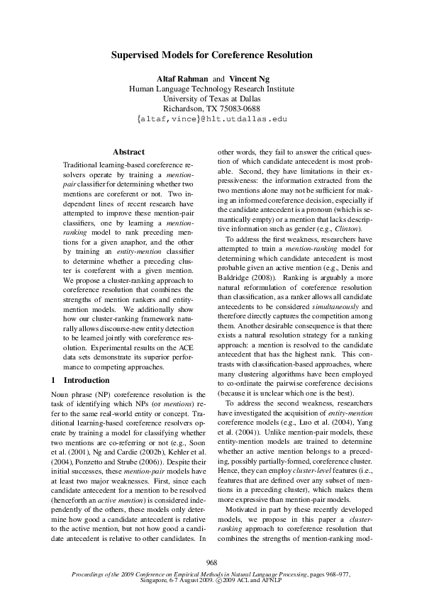 Supervised models for coreference resolution