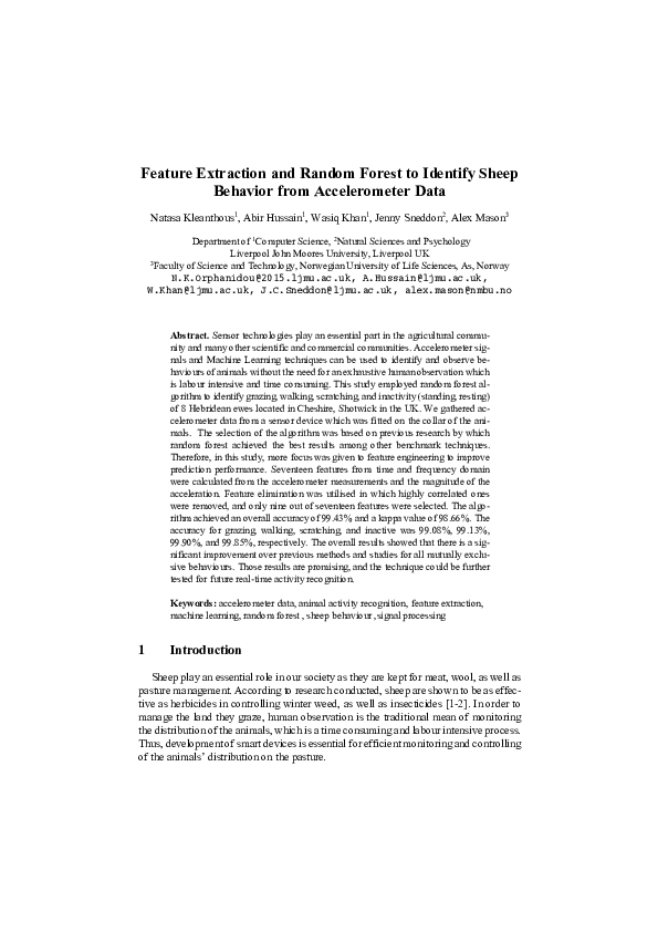 (PDF) Feature Extraction and Random Forest to Identify Sheep Behavior from Accelerometer Data