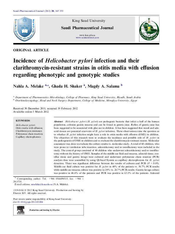 (PDF) Incidence of Helicobacter pylori infection and their clarithromycin-resistant strains in ...