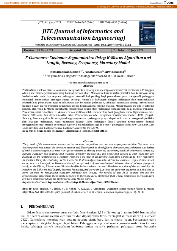 Pdf E Commerce Customer Segmentation Using K Means Algorithm And