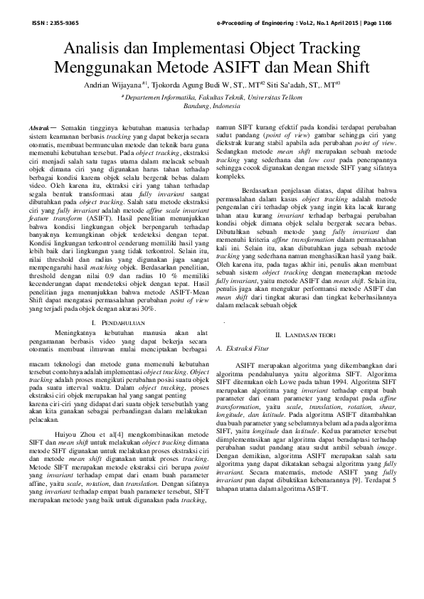Pdf Analisis Dan Implementasi Object Tracking Menggunakan Metode Asift Dan Mean Shift
