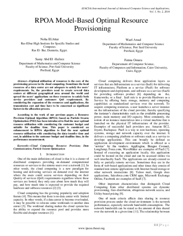 (PDF) RPOA Model-Based Optimal Resource Provisioning | Prof. Wael Awad - Academia.edu