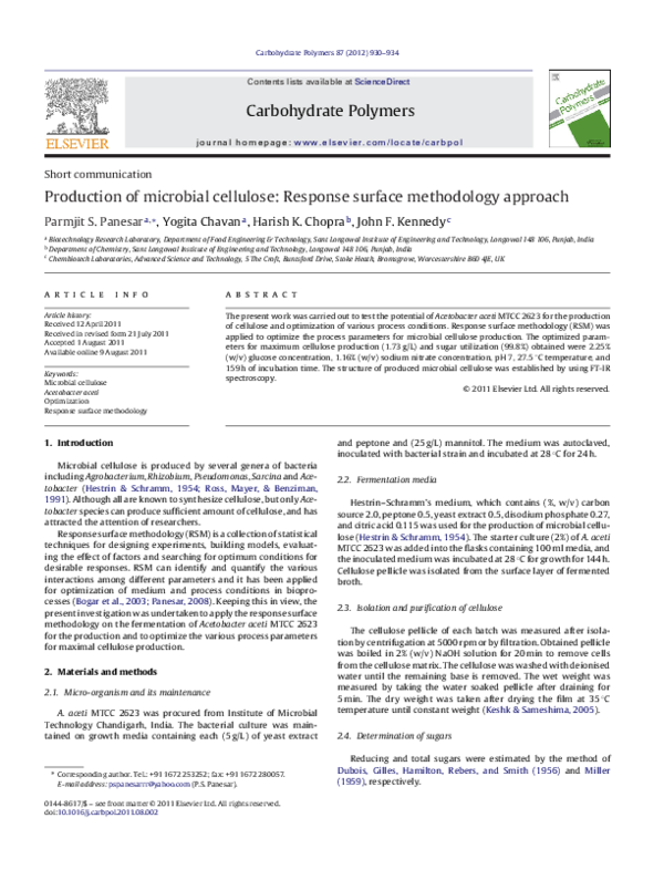 (PDF) Production of microbial cellulose: Response surface methodology approach