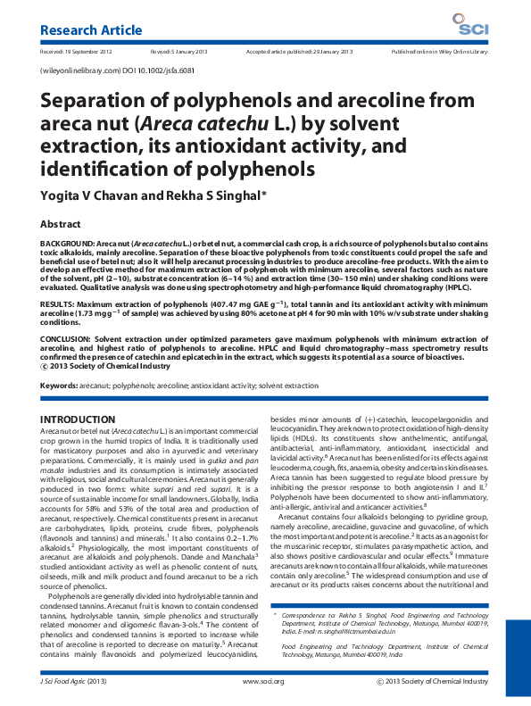 (PDF) Separation of polyphenols and arecoline from areca nut (Areca catechu L.) by solvent ...