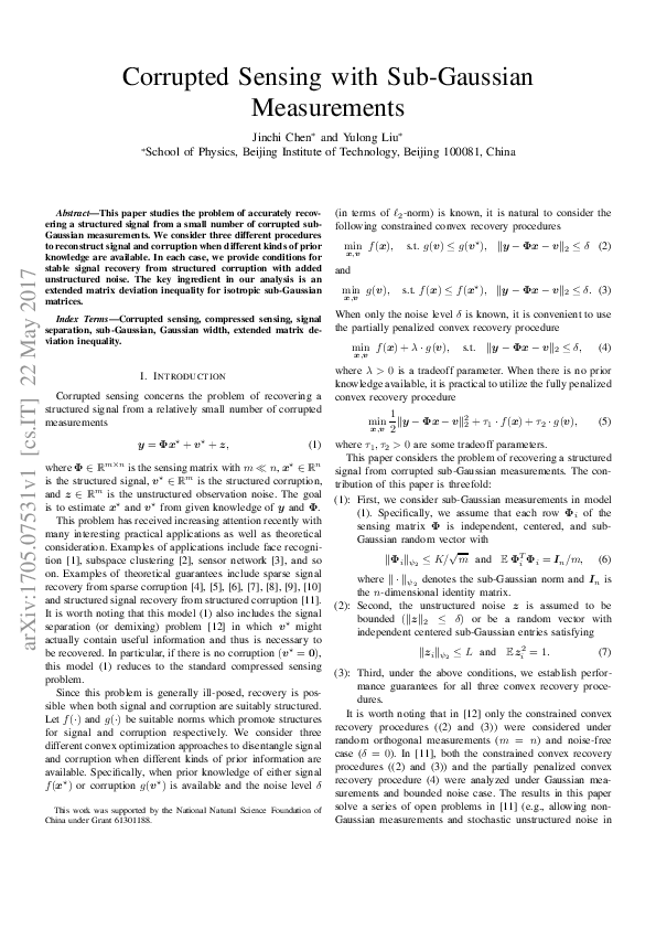 (PDF) Corrupted sensing with sub-Gaussian measurements