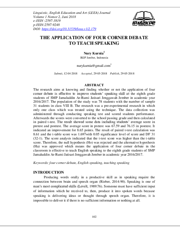 (PDF) The Application of Four Corner Debate to Teach Speaking