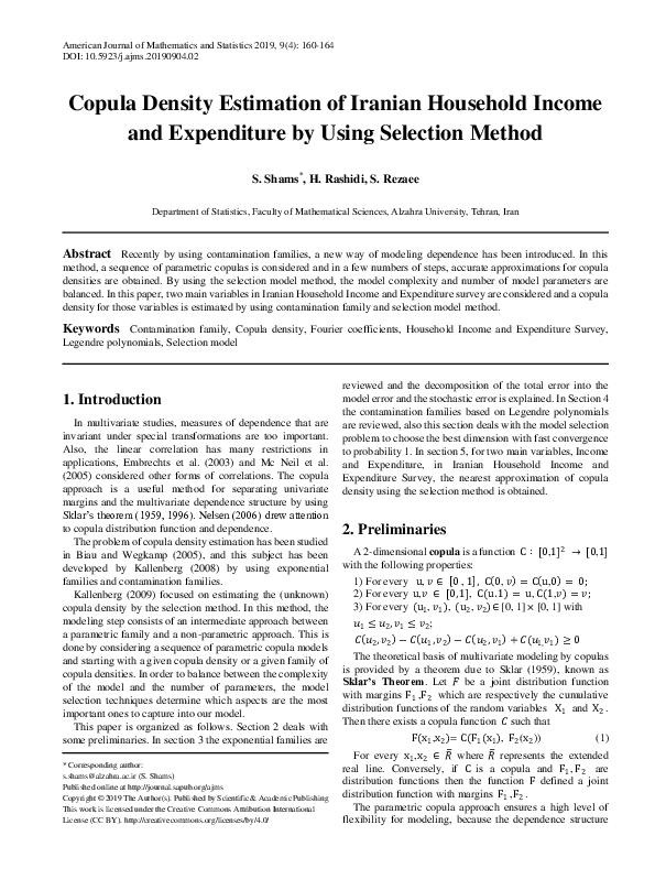 (PDF) Copula Density Estimation of Iranian Household Income and Expenditure by Using Selection ...