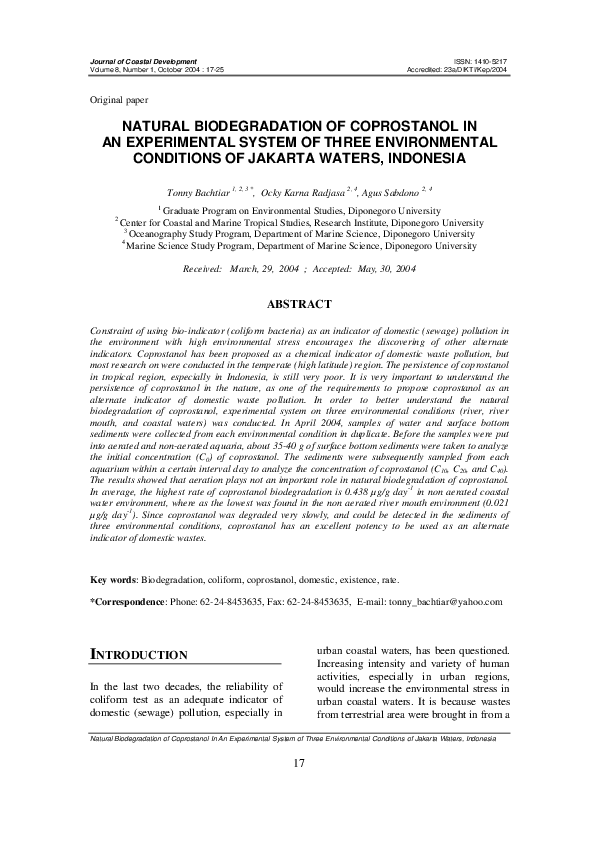 (PDF) Natural Biodegradation of Coprostanol in an Experimental System ...
