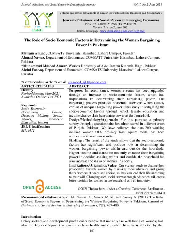 (PDF) The Role of Socio-Economic Factors in Determining the Women ...