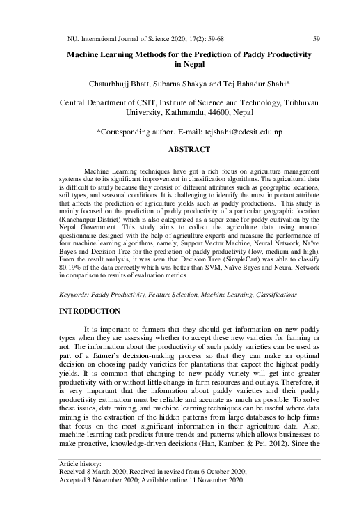 (PDF) Machine Learning Methods for the Prediction of Paddy Productivity ...
