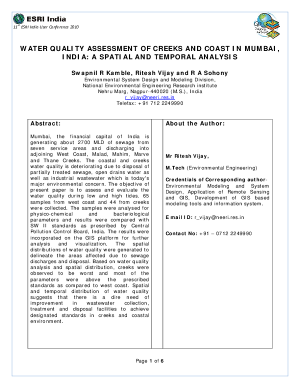 (PDF) Water Quality Assessment of Creeks and Coast in Mumbai, India: A Spatial and Temporal Analysis