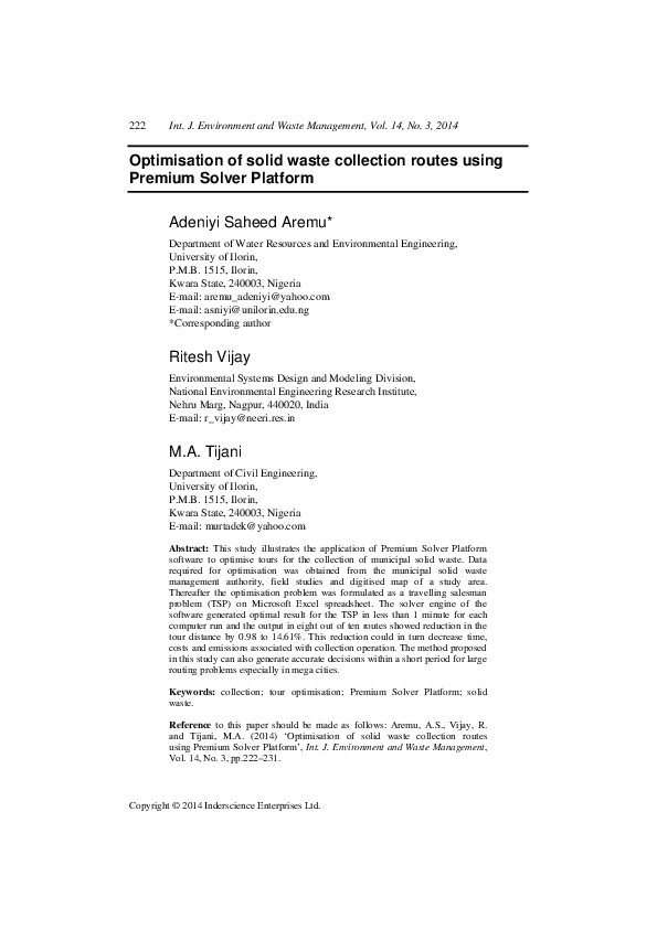 (PDF) Optimisation of solid waste collection routes using Premium ...