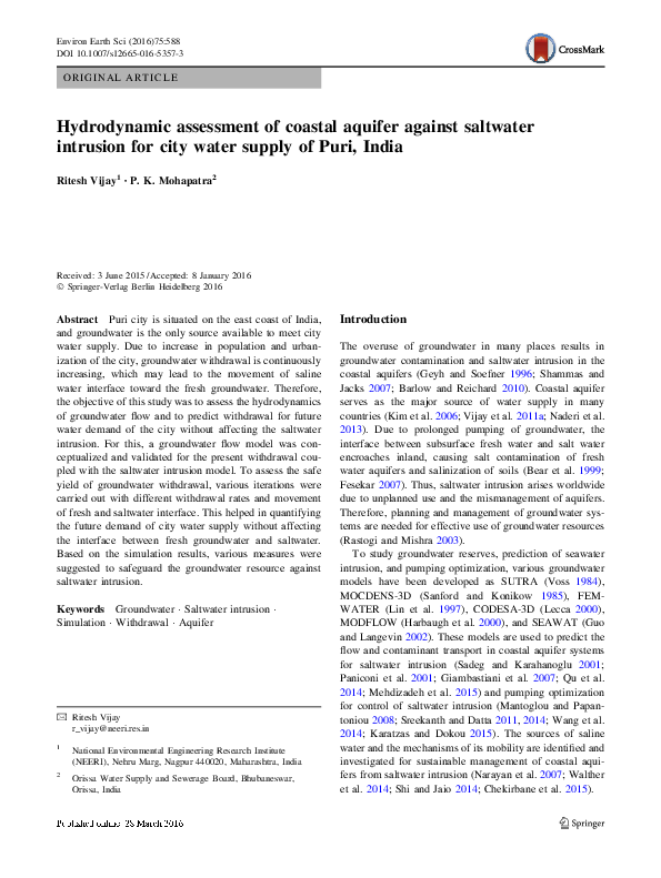 Pdf Hydrodynamic Assessment Of Coastal Aquifer Against Saltwater Intrusion For City Water