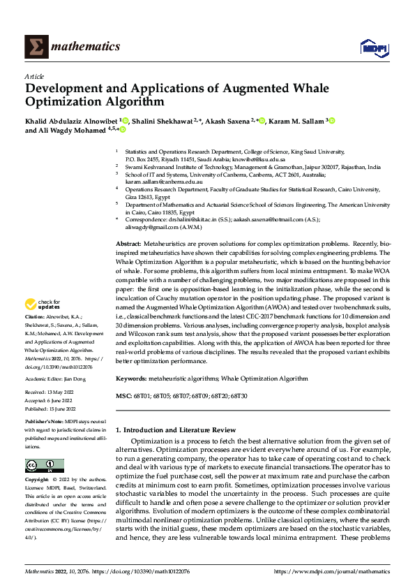 (PDF) Development and Applications of Augmented Whale Optimization Algorithm