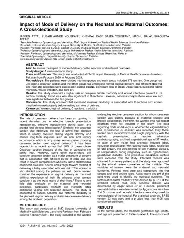 (PDF) Impact of Mode of Delivery on the Neonatal and Maternal Outcomes ...