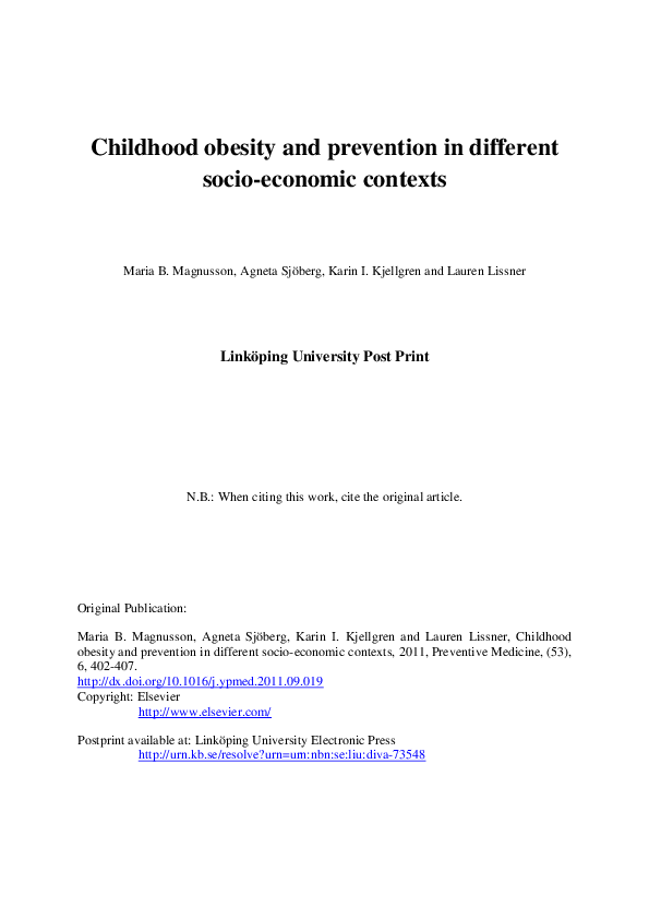 (PDF) Childhood obesity and prevention in different socio-economic ...