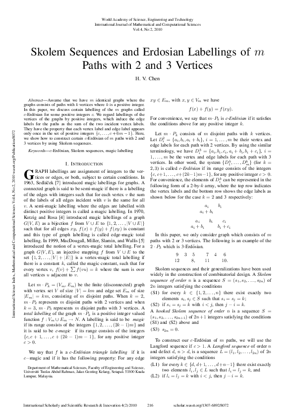 (PDF) Skolem Sequences And Erdosian Labellings Of M Paths With 2 And 3 Vertices