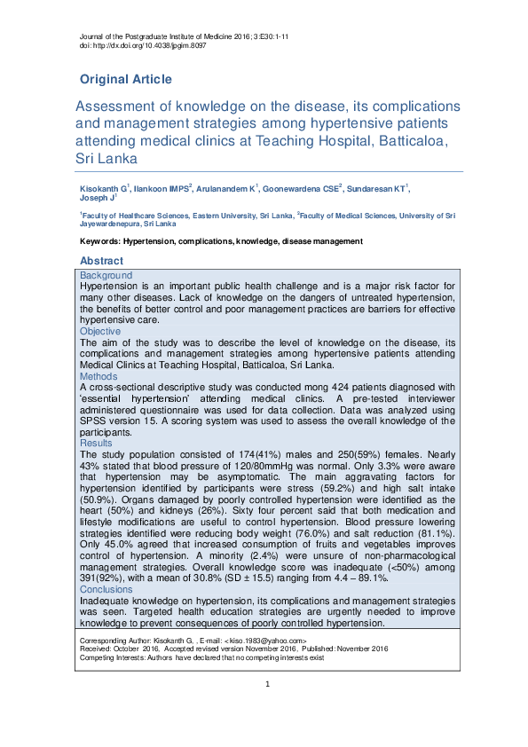 (PDF) Assessment of Knowledge on Hypertension, its consequences and ...