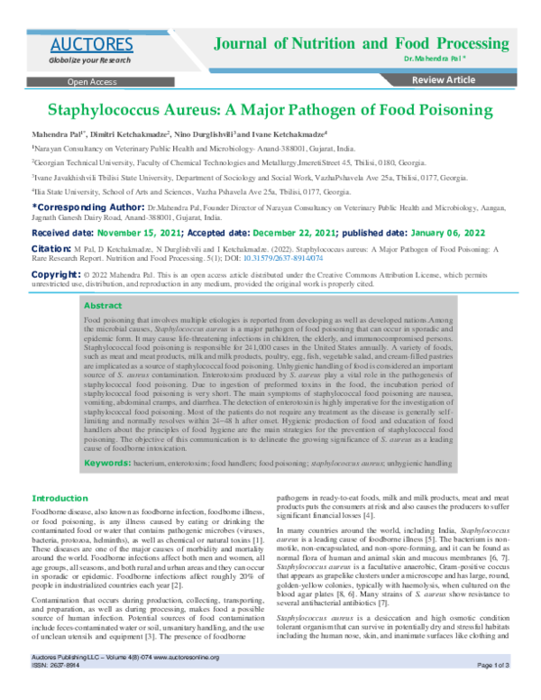 (PDF) Staphylococcus Aureus: A Major Pathogen of Food Poisoning