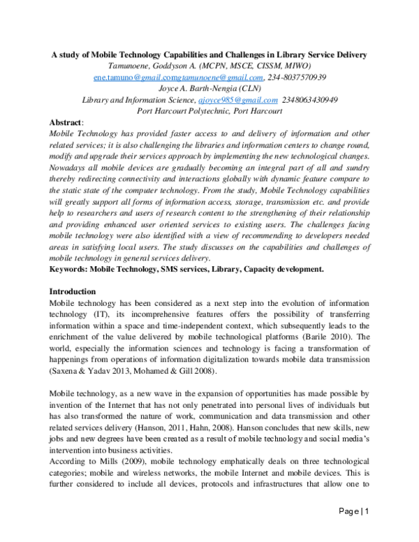 (PDF) A study of Mobile Technology Capabilities and Challenges in ...