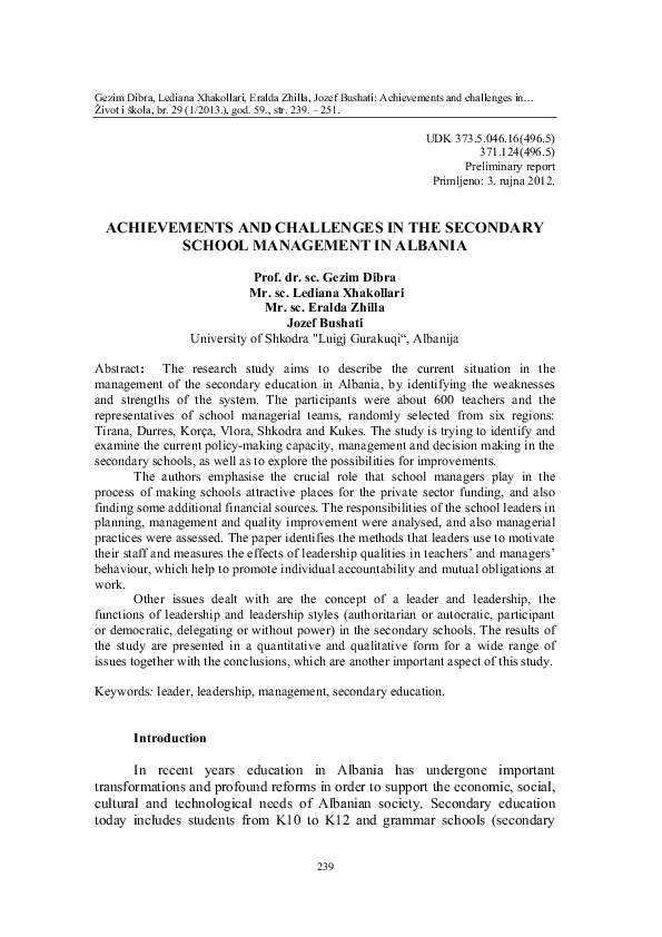 (PDF) Achievements and Challenges in the Secondary School Management in Albania