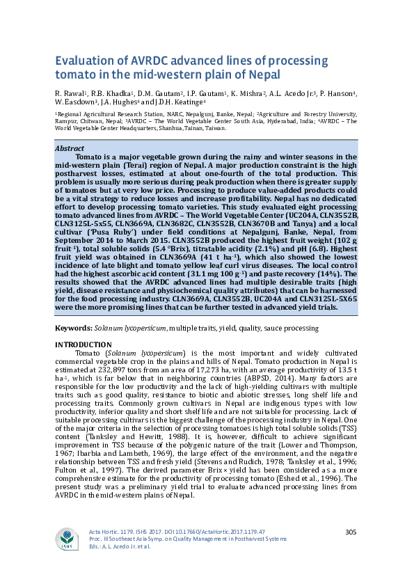 (PDF) Evaluation of AVRDC advanced lines of processing tomato in the ...