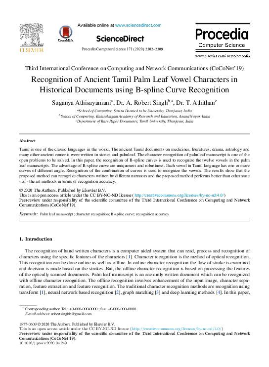 (PDF) Recognition of Ancient Tamil Palm Leaf Vowel Characters in ...