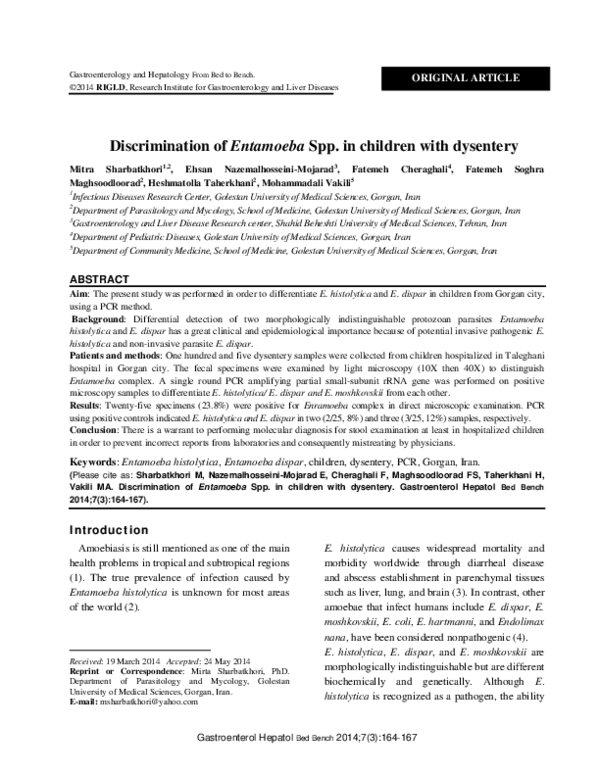 (PDF) Discrimination of Entamoeba Spp. in children with dysentery