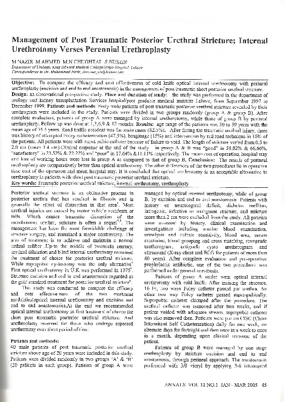 (PDF) Management of Post Traumatic Posterior Urethral Stricture ...