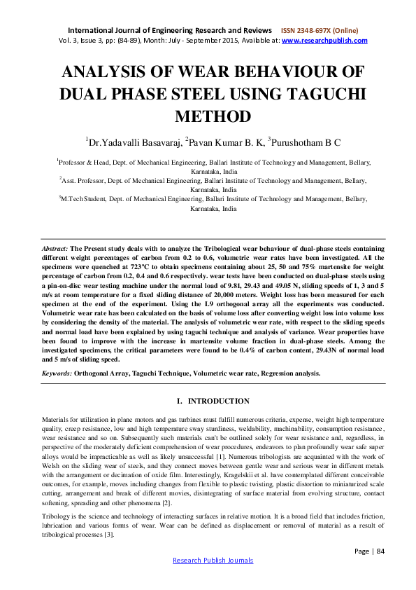 (PDF) Analysis of Wear Behaviour of Dual Phase Steel Using Taguchi Method