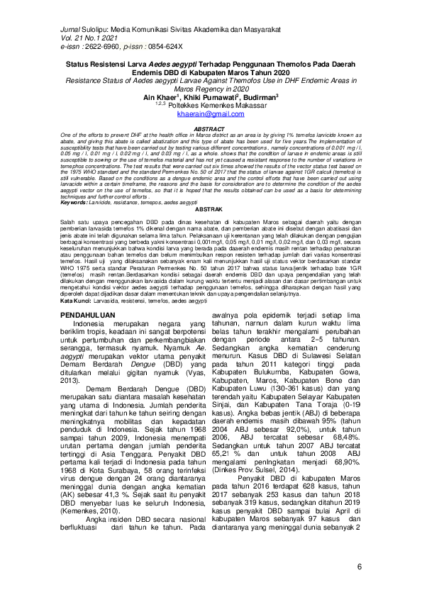 (PDF) STATUS RESISTENSI Larva Aedes aegypti Terhadap Penggunaan ...