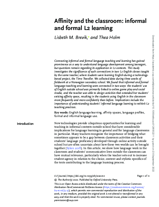 (PDF) Affinity and the classroom: informal and formal L2 learning
