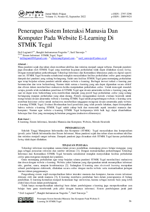 (PDF) Penerapan Sistem Interaksi Manusia dan Komputer Pada Website e-Learning di STMIK Tegal