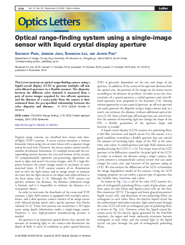 (PDF) Optical range-finding system using a single-image sensor with ...