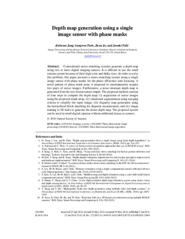 Pdf Depth Map Generation Using A Single Image Sensor With Phase Masks