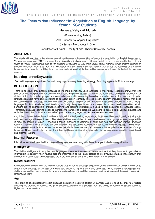 (PDF) The Factors that Influence the Acquisition of English Language by Yemeni KG2 Students