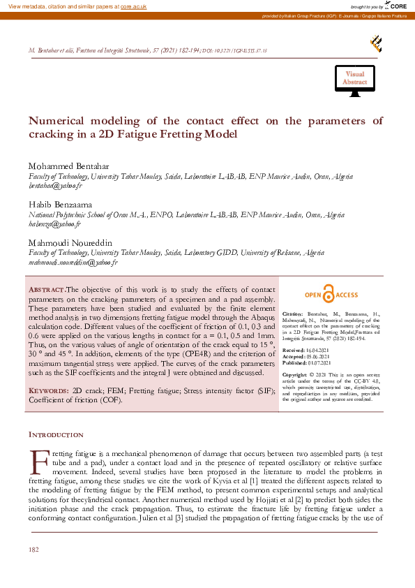 Pdf Numerical Modeling Of The Contact Effect On The Parameters Of Cracking In A 2d Fatigue