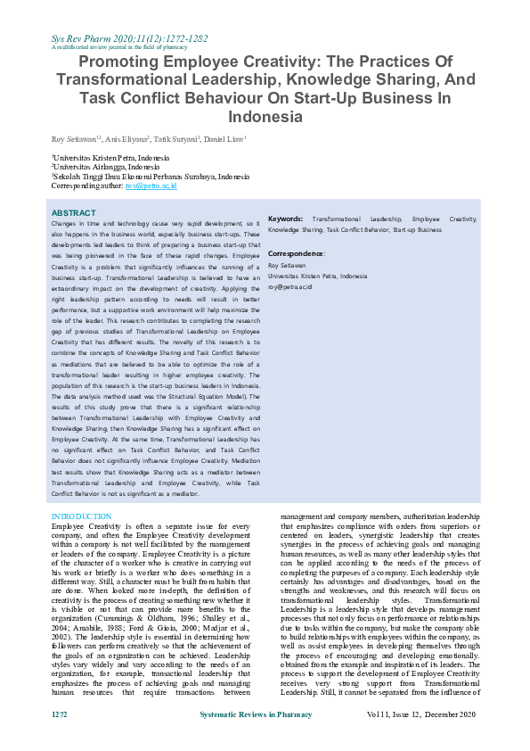 (PDF) Promoting Employee Creativity: The Practices Of Transformational ...