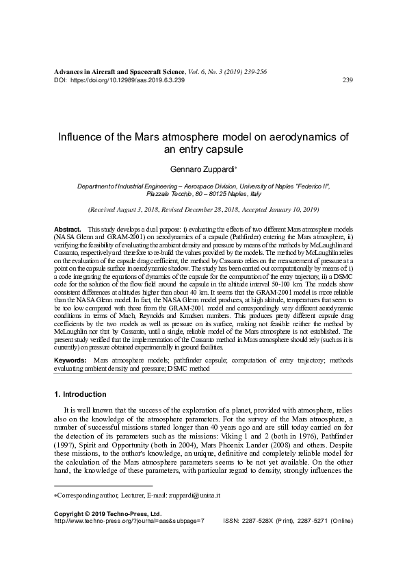 (PDF) Influence of the Mars atmosphere model on aerodynamics of an entry capsule: Part II ...