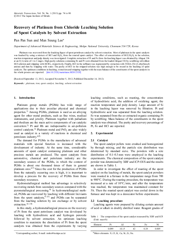 (PDF) Recovery of Platinum from Chloride Leaching Solution of Spent ...