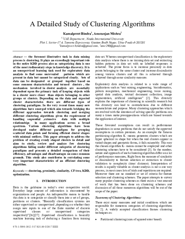 (PDF) A detailed study of clustering algorithms
