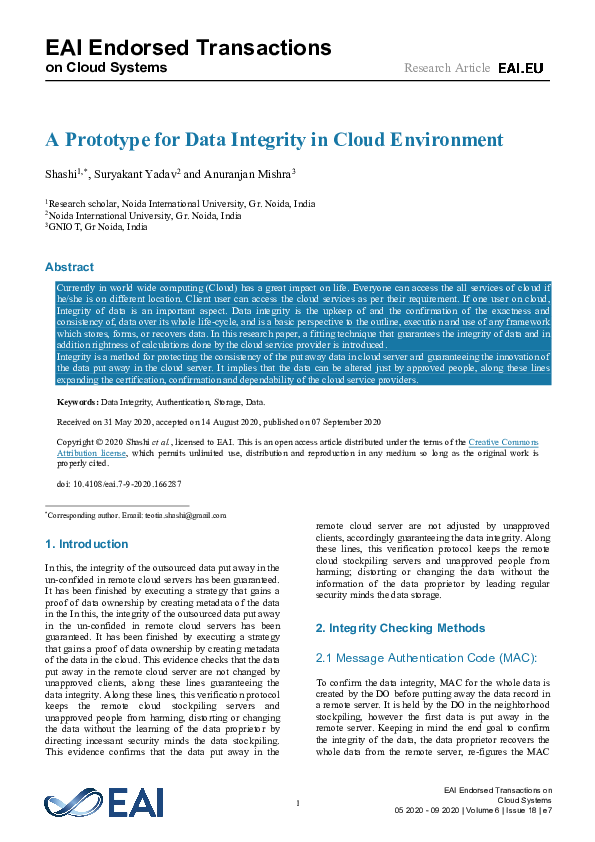 (PDF) A Prototype for Data Integrity in Cloud Environment