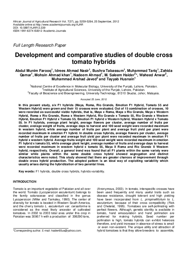 (PDF) Development and comparative studies of double cross tomato hybrids