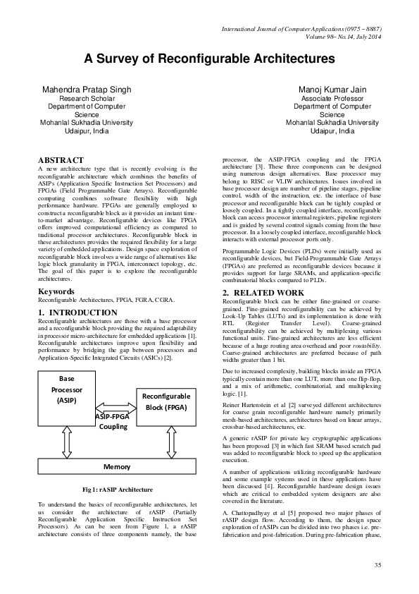 Pdf A Survey Of Reconfigurable Architectures Manoj Jain