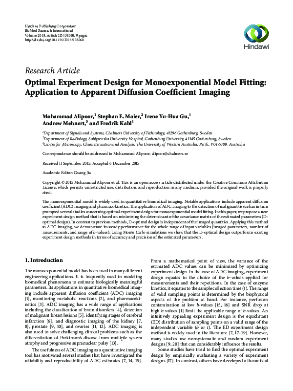 (PDF) Optimal Experiment Design for Monoexponential Model Fitting: Application to Apparent ...