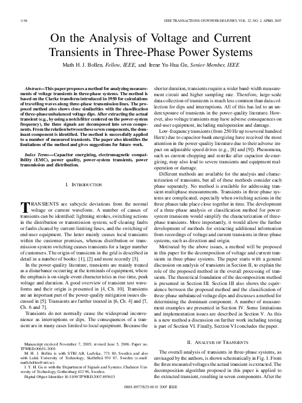 (PDF) On the Analysis of Voltage and Current Transients in Three-Phase ...